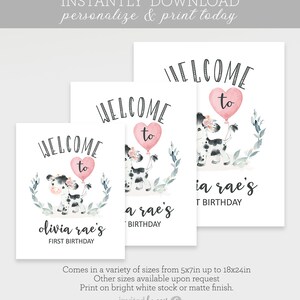 EDITABLE Welcome Sign, Holy Cow I'm One, Pink Farm Cow Girl Birthday ...