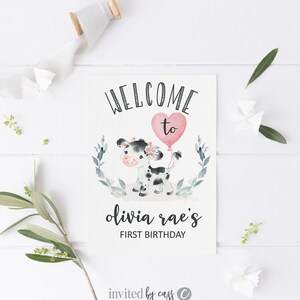 EDITABLE Welcome Sign, Holy Cow I'm One, Pink Farm Cow Girl Birthday ...