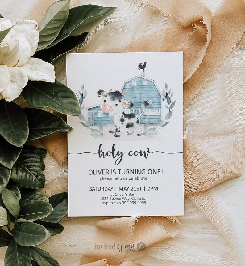 Holy Cow Birthday Invitation: Blue Barn, Editable Template (digital ...