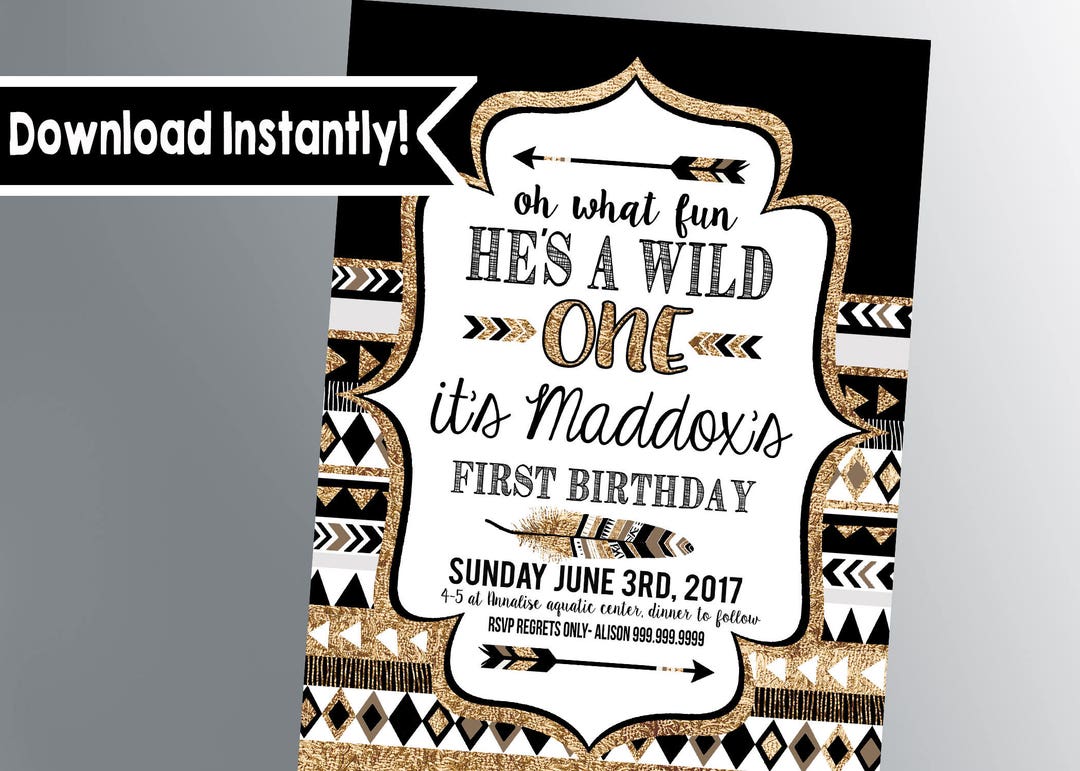 Wild One Boys Birthday Invitations - Printable - Black and Gold ...