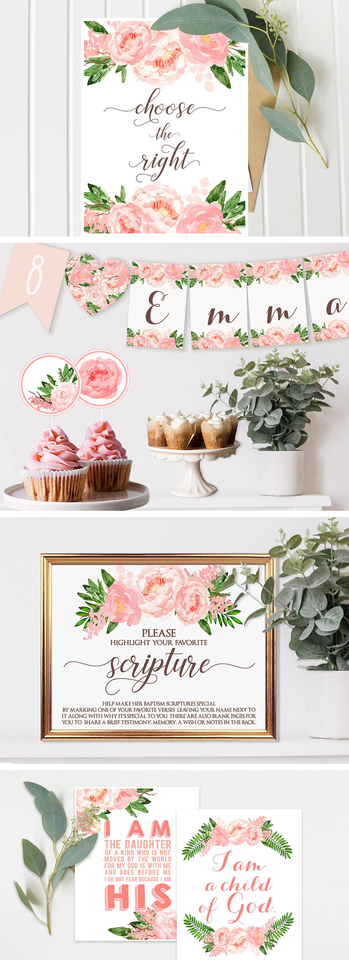 Printable Baptism Decorations Pink Floral Baptism - Etsy