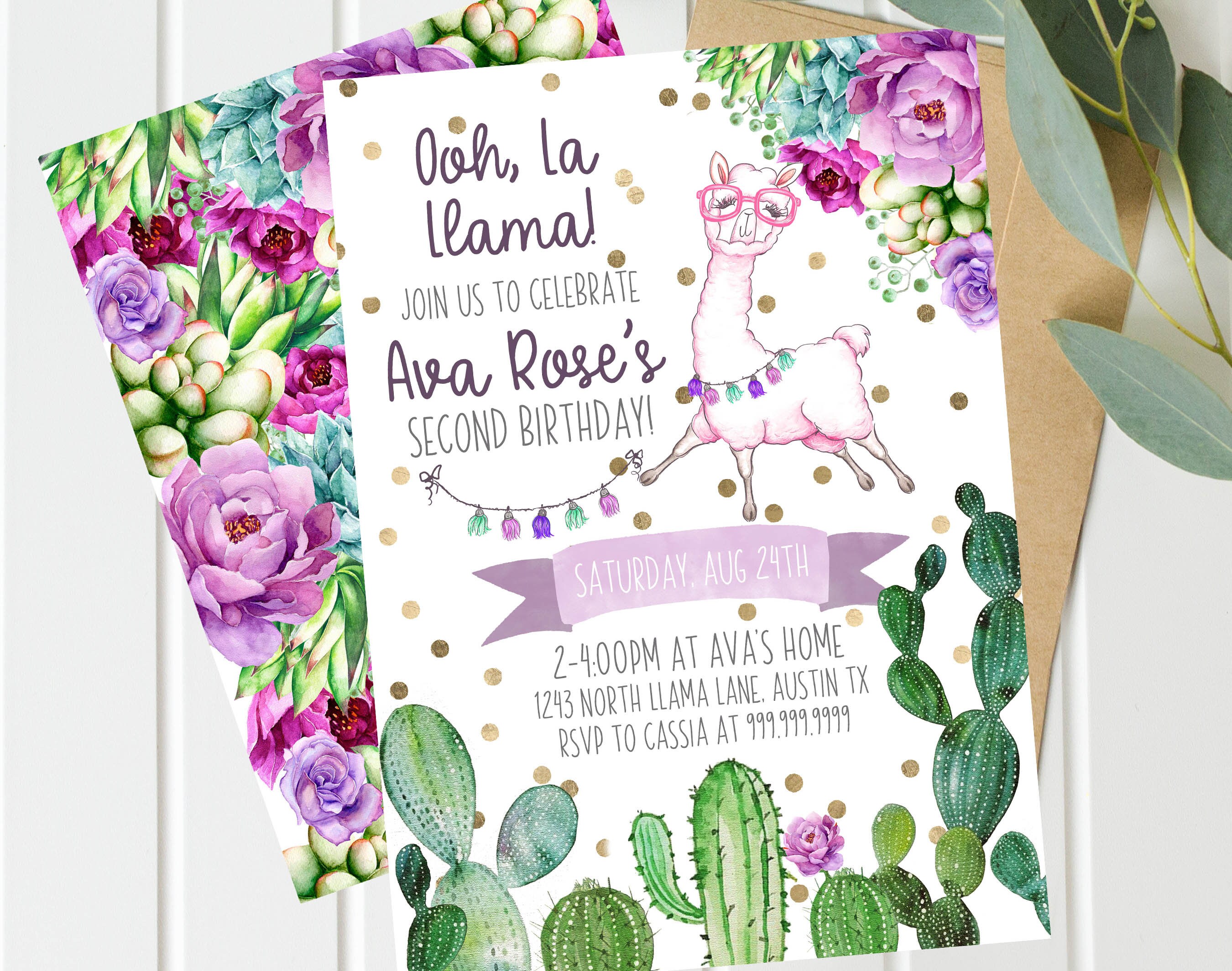 Llama Birthday Invitations Purple Flowers & Cactus Llama | Etsy