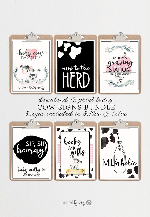 Editable Holy Cow We're having a baby Decor Signs Bundle, pink gingham ...