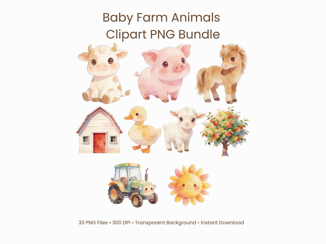 Baby Farm Animals Clipart Bundle PNG, Watercolor Farm Clipart, Cute ...