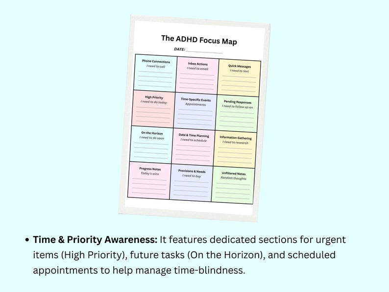 ADHD Focus Map Printable Digital Planner Brain Dump Layout Colored ...
