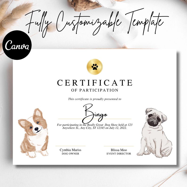 Dog Show Certificate of Participation Template, Editable Printable Pet ...