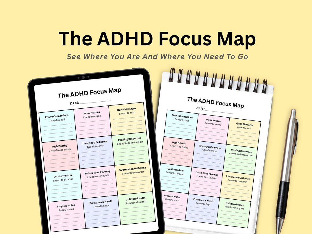 ADHD Focus Map Printable Digital Planner Brain Dump Layout Colored ...