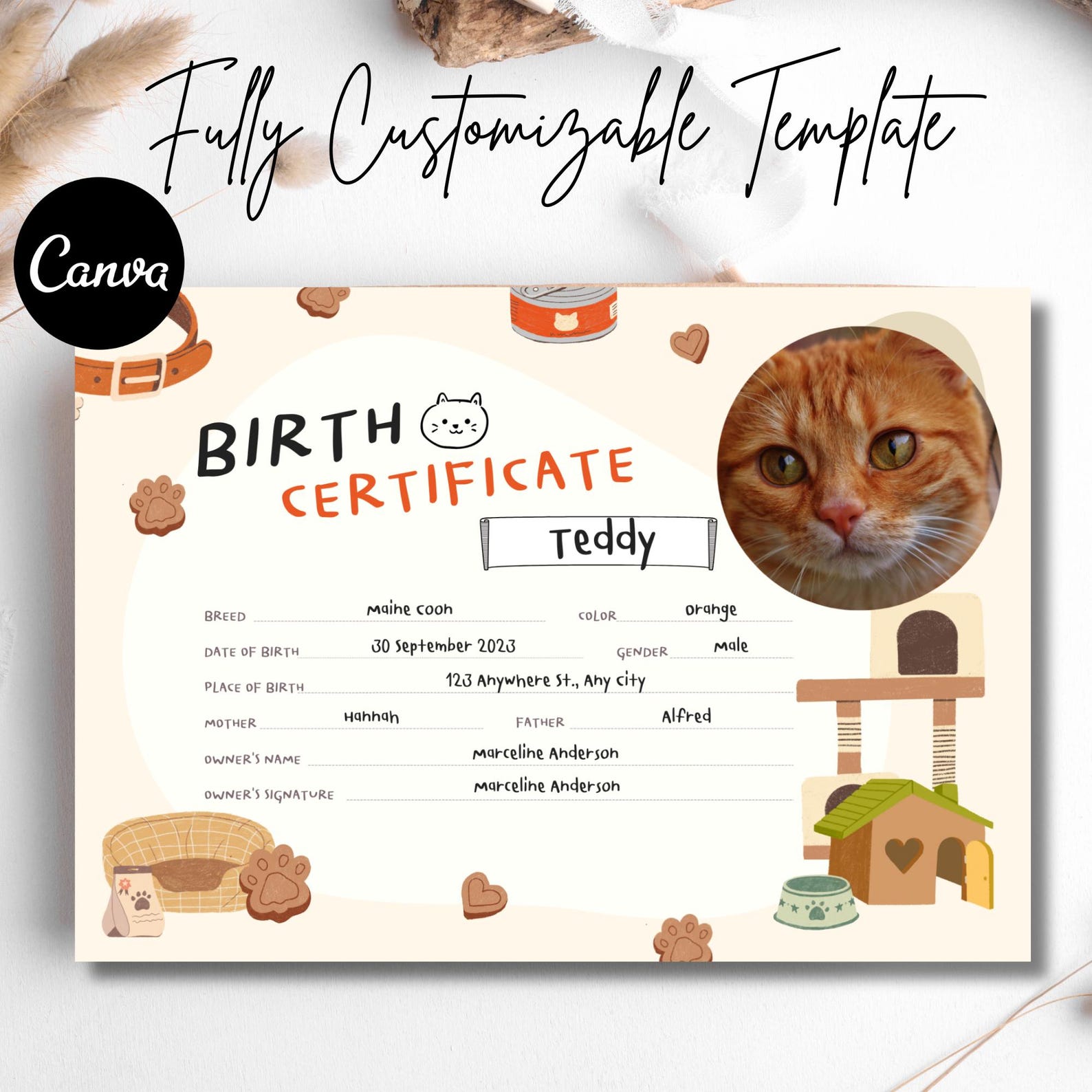 Pet Birthday Certificate Canva Template | Editable Printable Dog Cat ...
