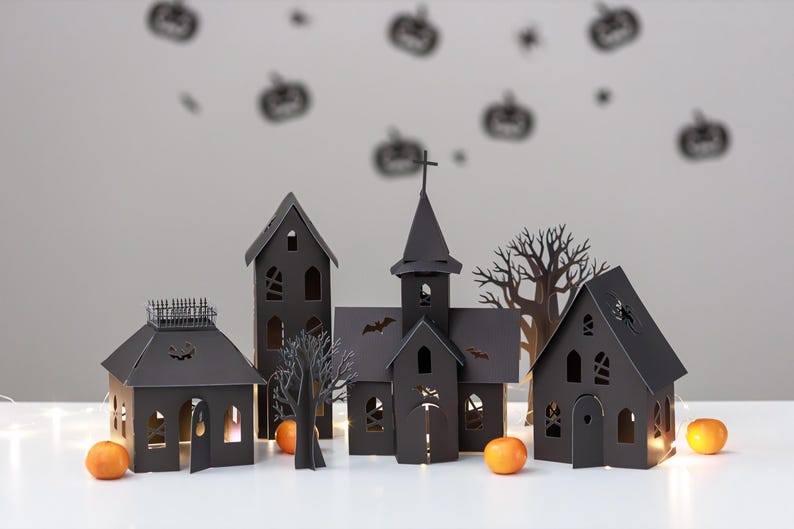 Halloween Village SVG Templates: Haunted House, Church, Tree (digital ...