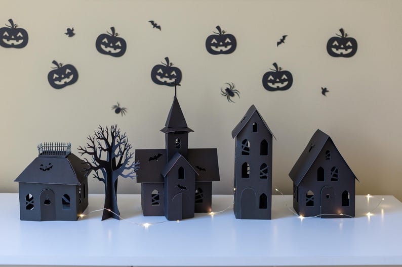 Halloween Village SVG Templates: Haunted House, Church, Tree (digital ...