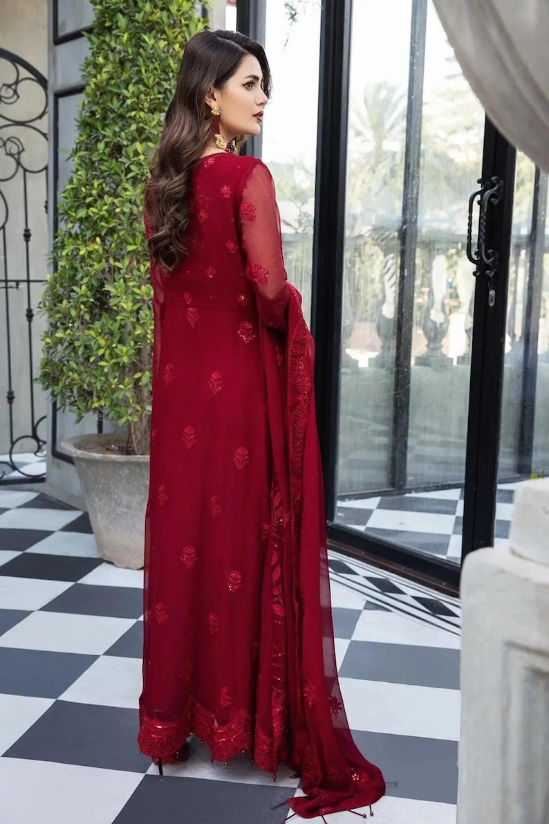 Maroon Chiffon Suit, Pakistani Suit, Embroidered Suit, Unstitched 3pc ...