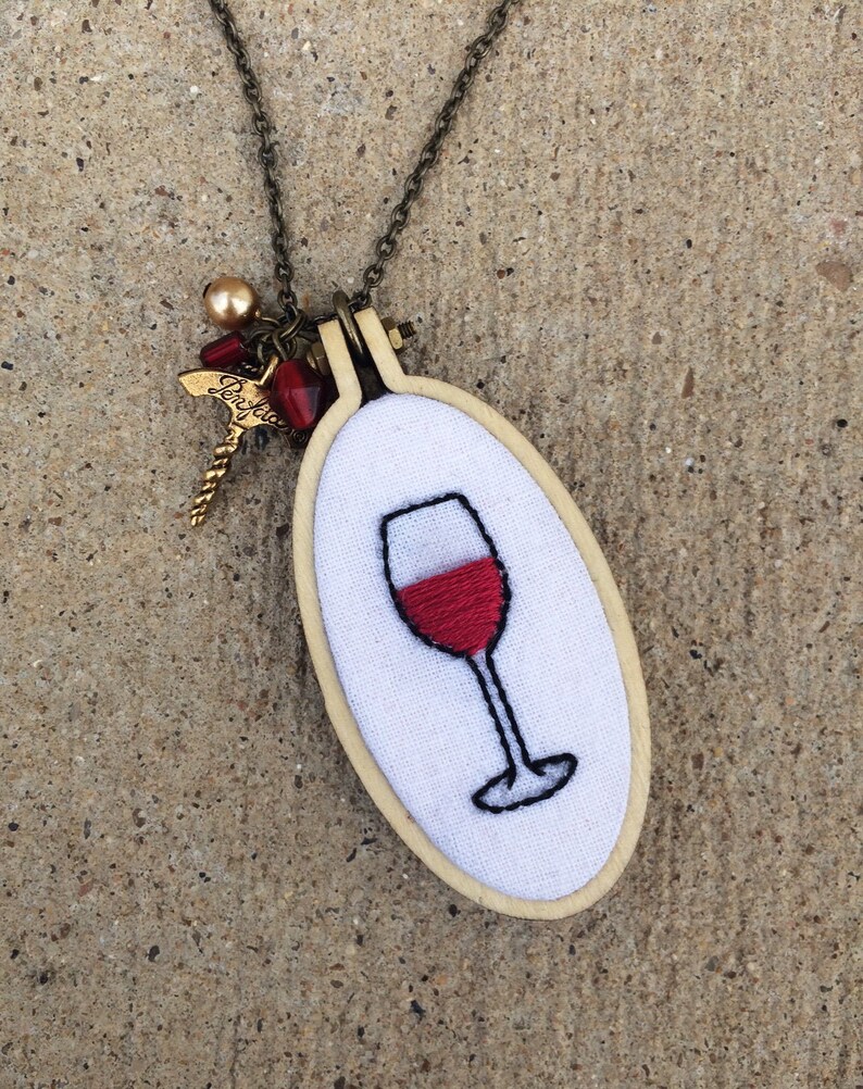 Embroidered Necklace | Red Wine | Wine Glass | Pendant Necklace | Mini ...