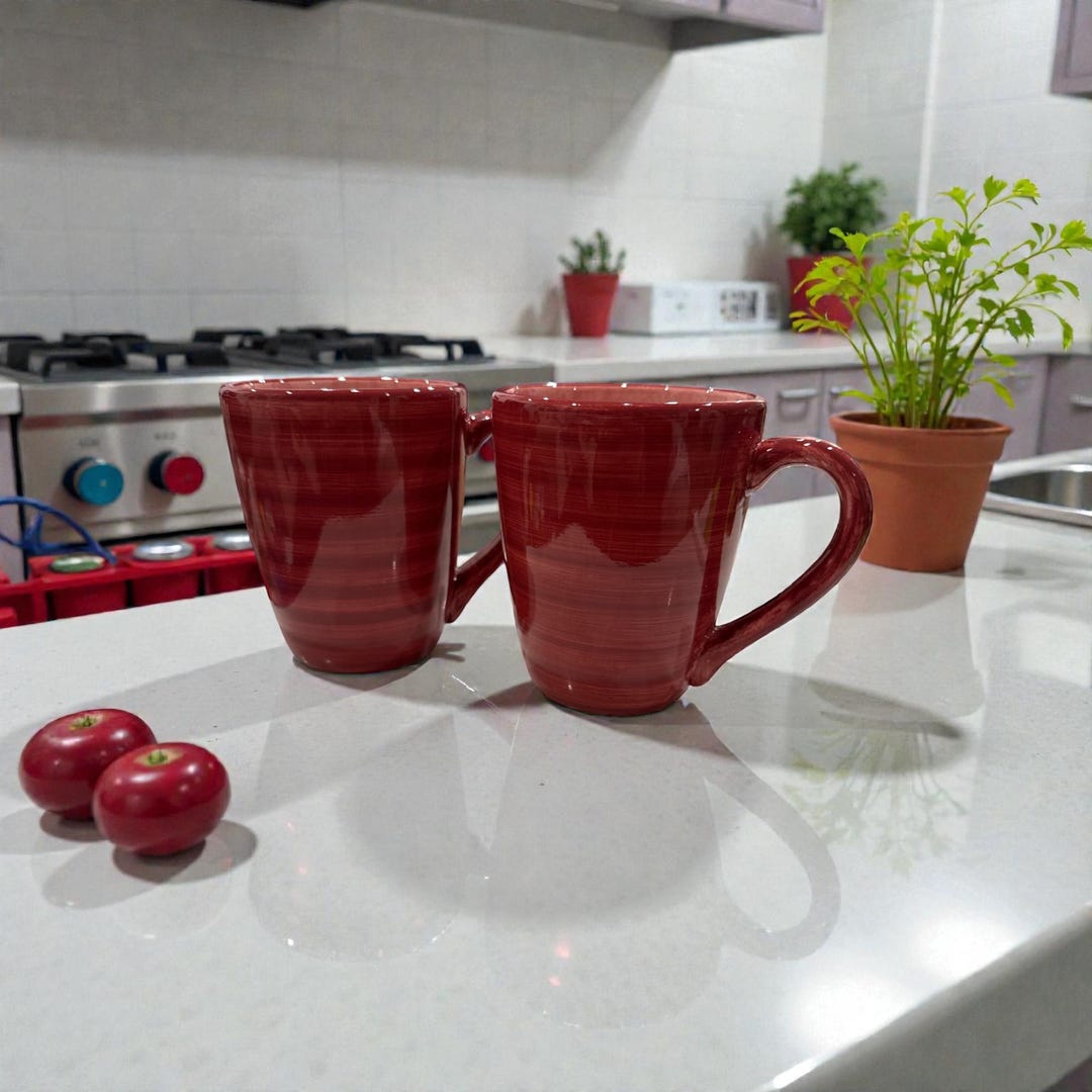 2 Vintage Colormate Red Coffee Mugs Spirale Hand Painted Red Burgundy ...