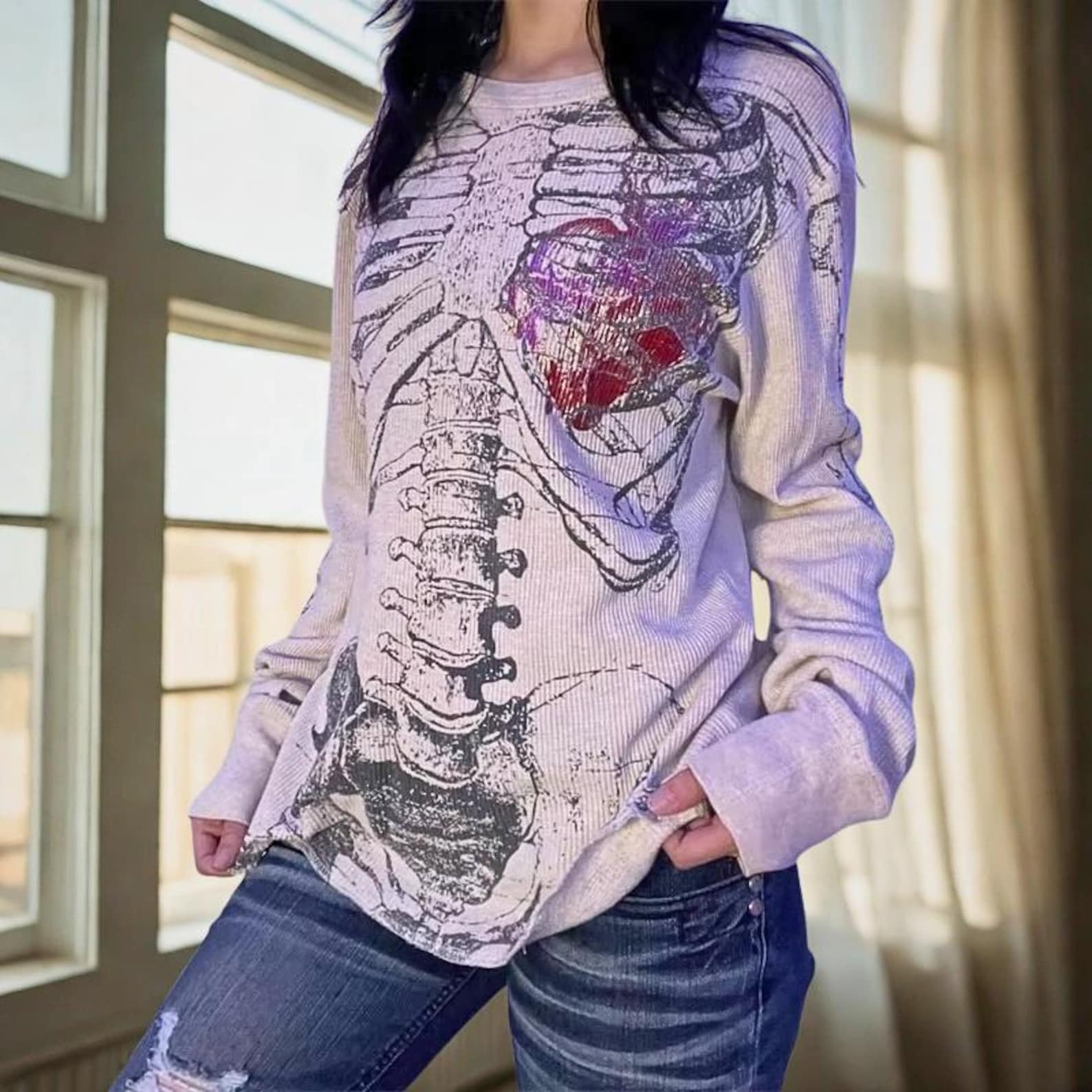 2000s Y2K Skeleton Graphic Long Sleeve T-shirt – Harajuku Gothic ...
