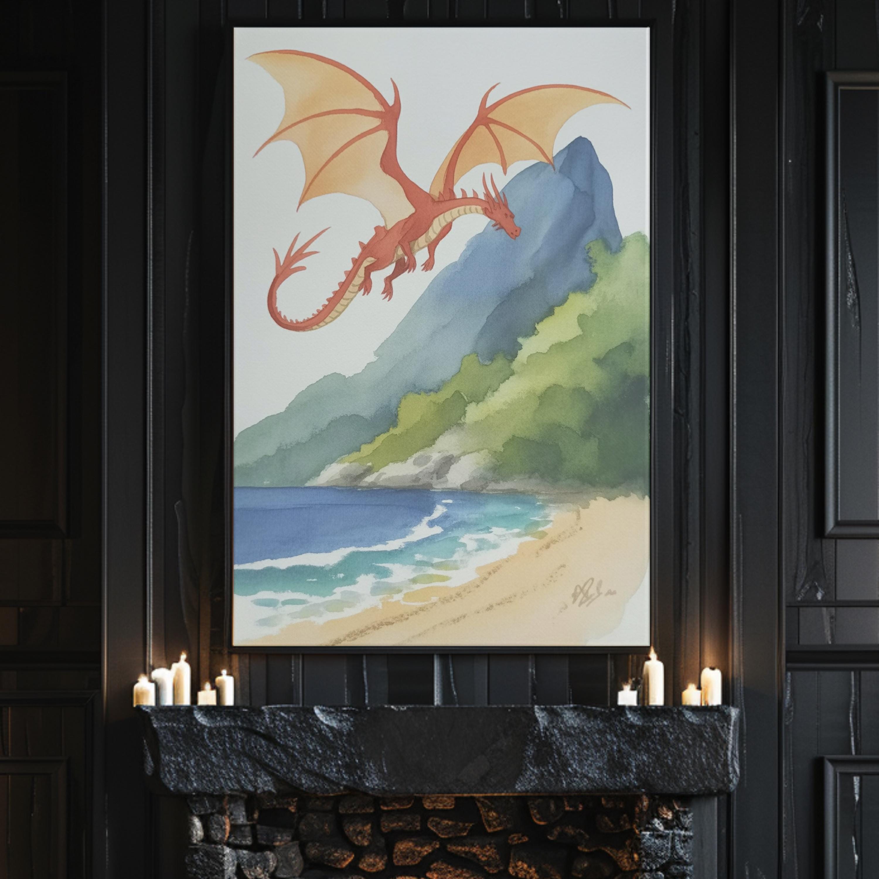 Red Dragon Coastal Fantasy Art – Flying Creature Over Ocean Beach and ...