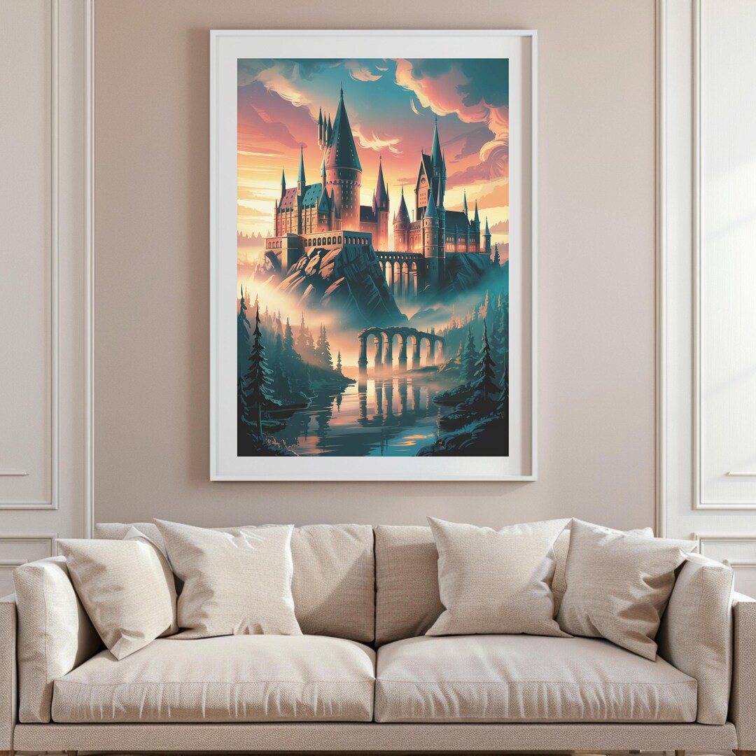 Fantasy Castle Wall Art – Misty Cliffside Fortress With Bridge & Forest ...