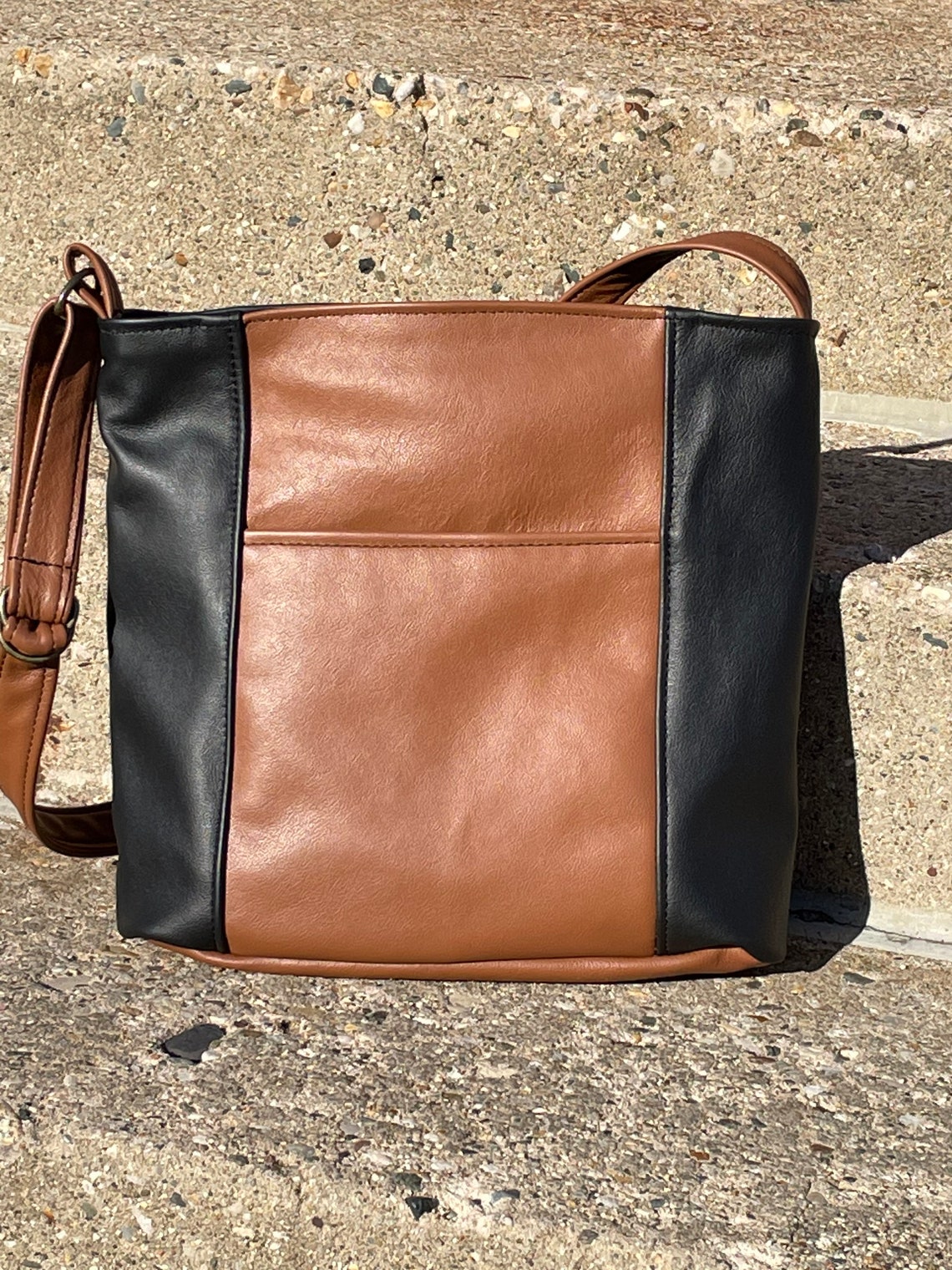 Crossbody Leather Purse Black and Caramel Color Leather | Etsy