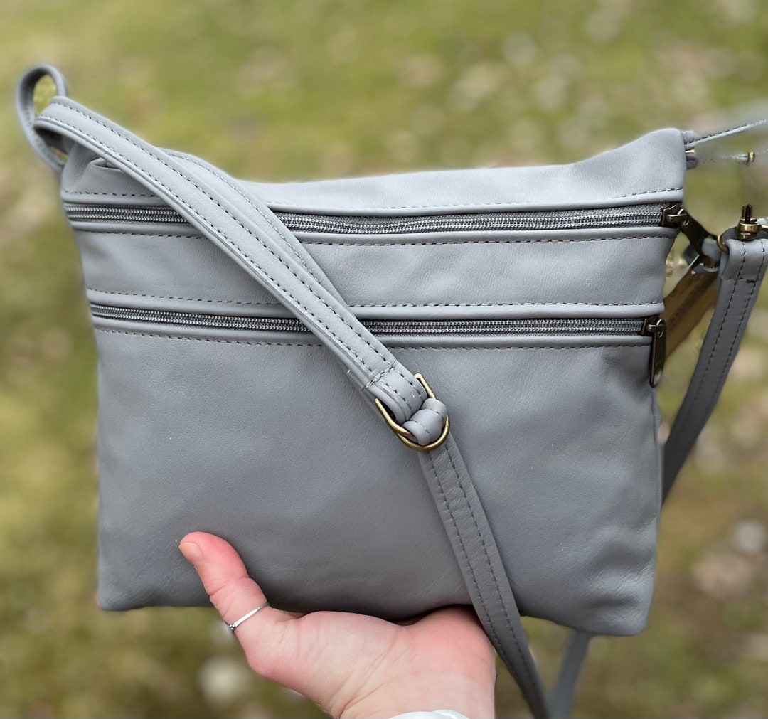 Crossbody Leather Purse - Travel Bag - Light Gray Leather - Large ...