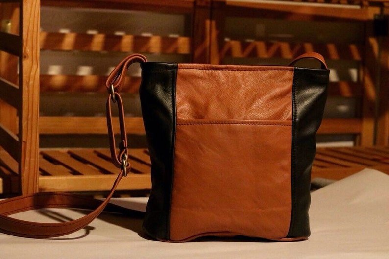 Crossbody leather purse black and caramel color leather | Etsy