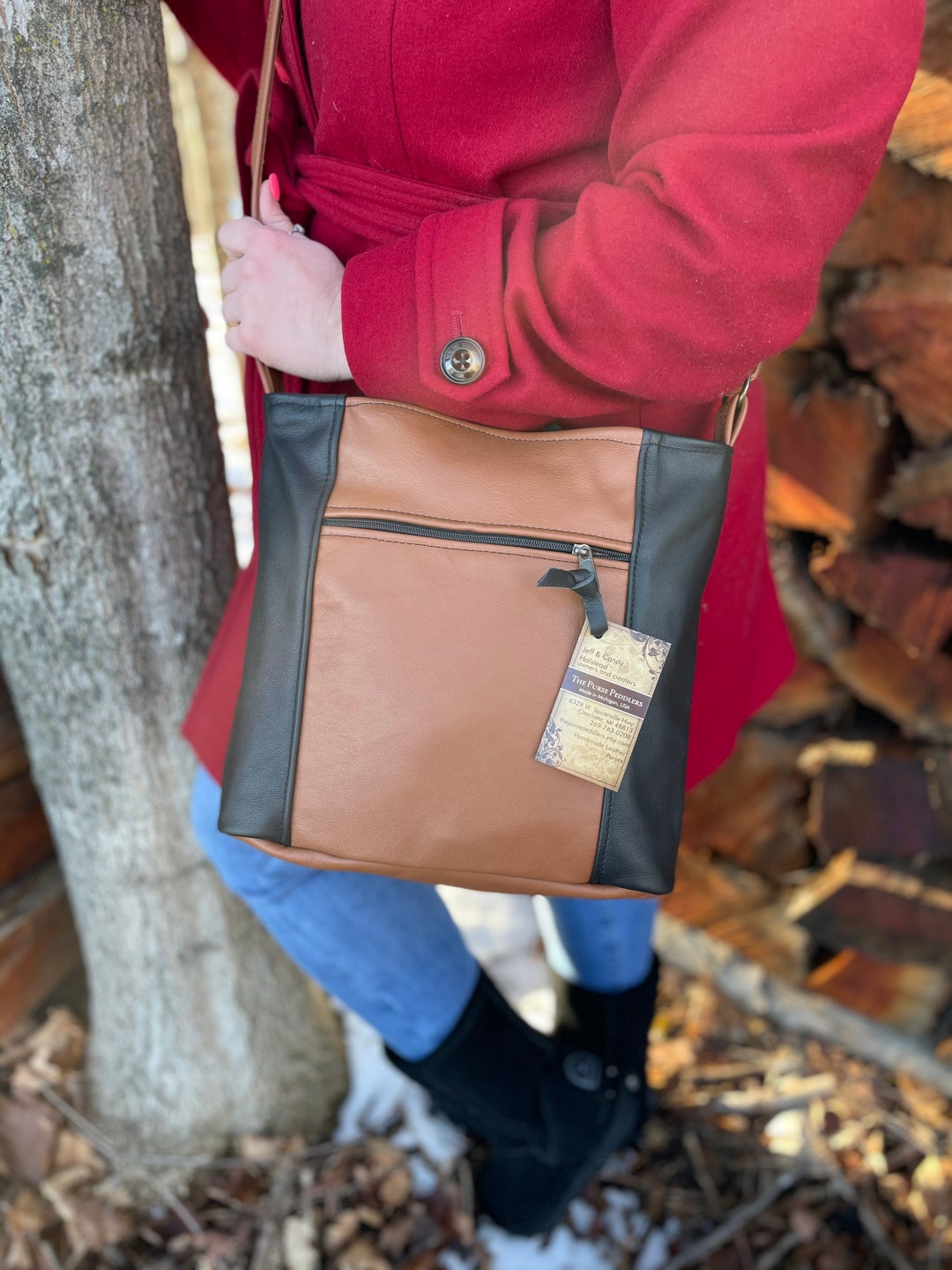 Crossbody Leather Purse - Black and Caramel Color Leather - Large Emily ...