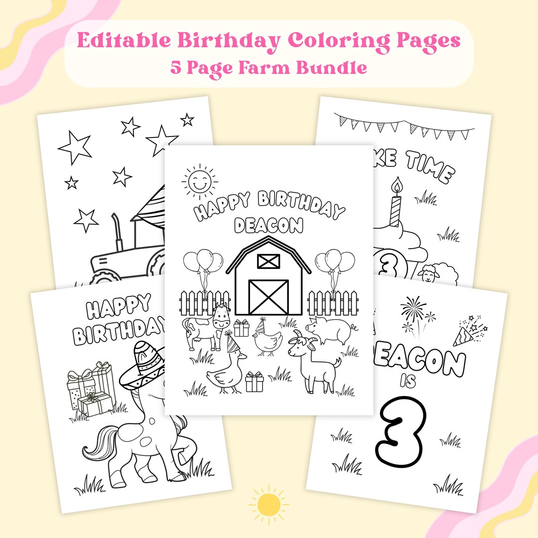 Editable Farm Birthday Coloring Pages: Printable Party Favors (digital ...