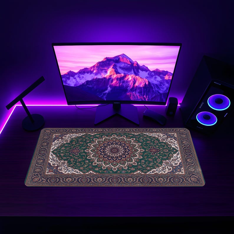 Green Persian Rug Desk Mat, Vintage Mandala Mouse Pad, Boho Carpet ...
