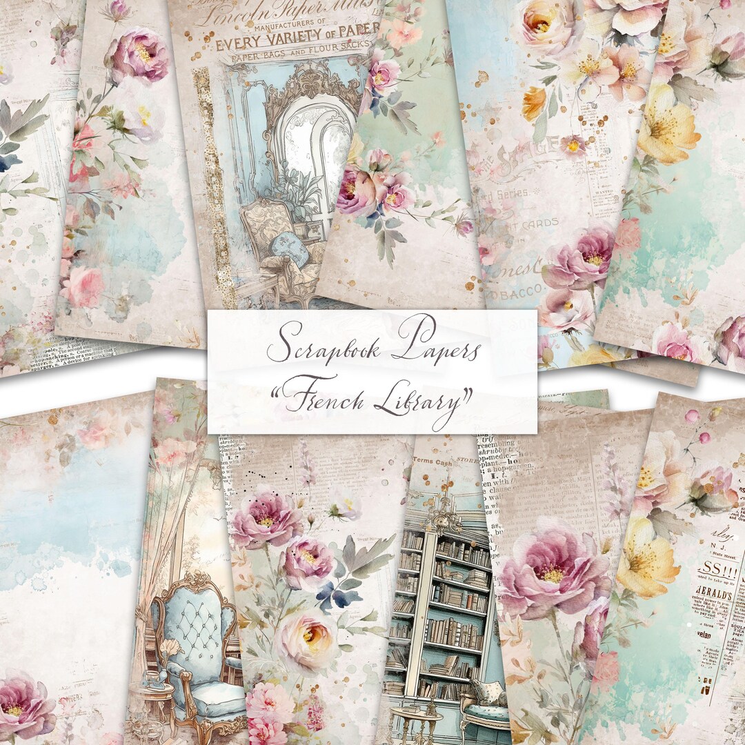 12 FRENCH LIBRARY Digital PAPER Sheets, 12x12, Junk Journals and ...