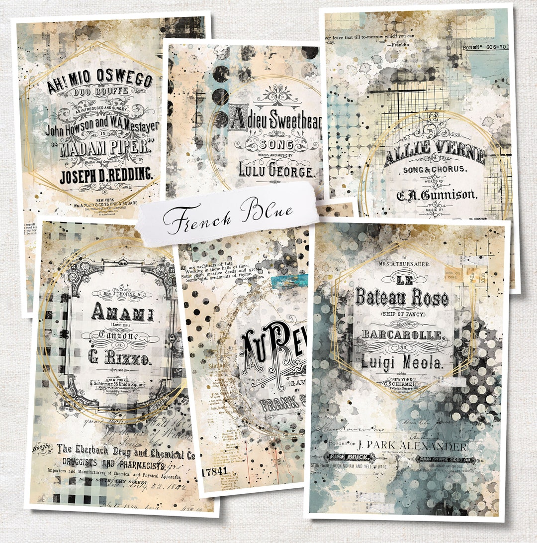 Altered FRENCH BLUE Set/6 Junk Journal Papers for Scrapbooking, Altered ...