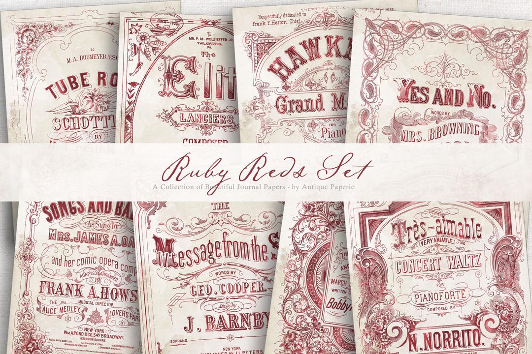 Ruby Red Music Sheet Ephemera, Antique Journal Pages (digital Collage ...