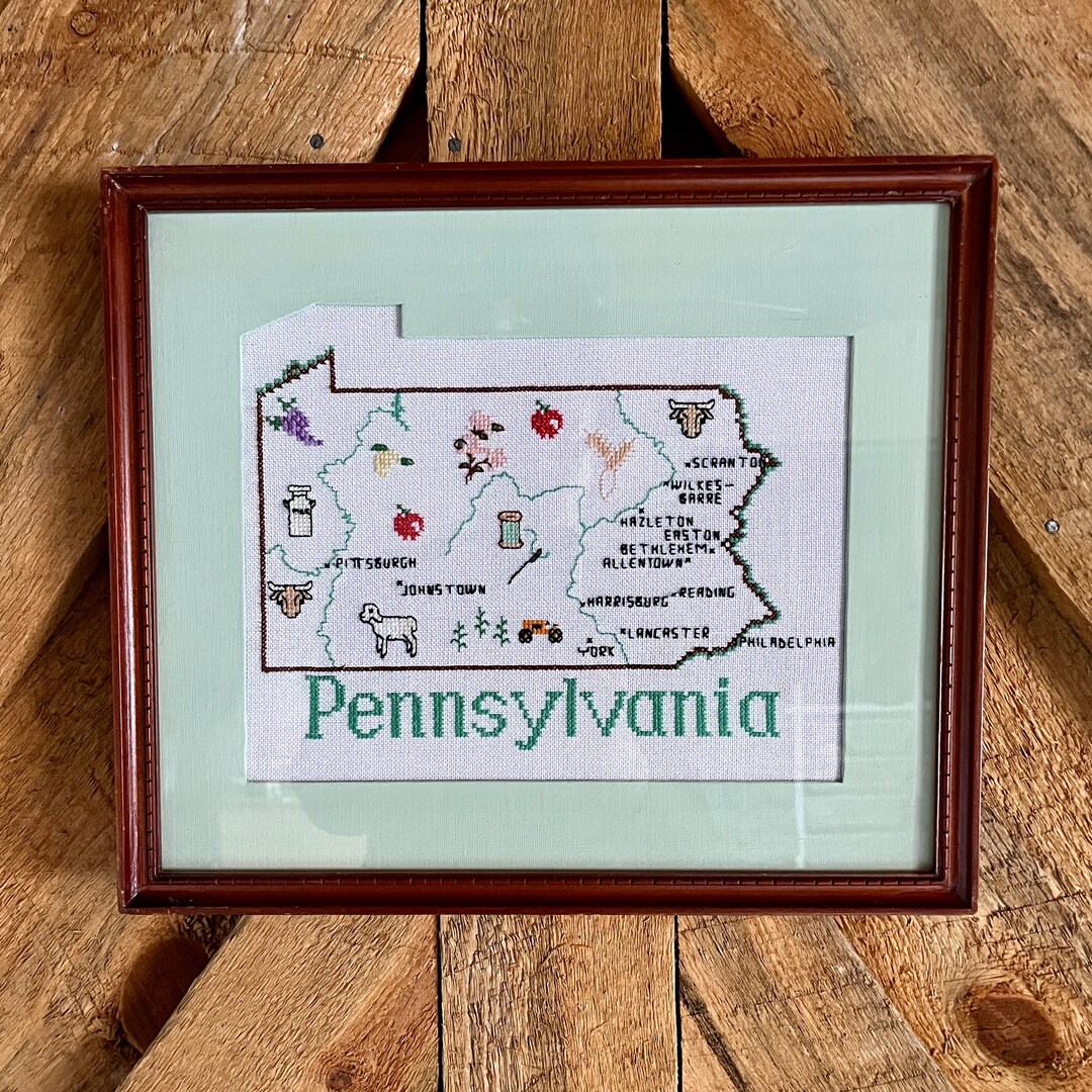 Vintage Pennsylvania State Map Cross Stitch, Finished and Framed - Etsy