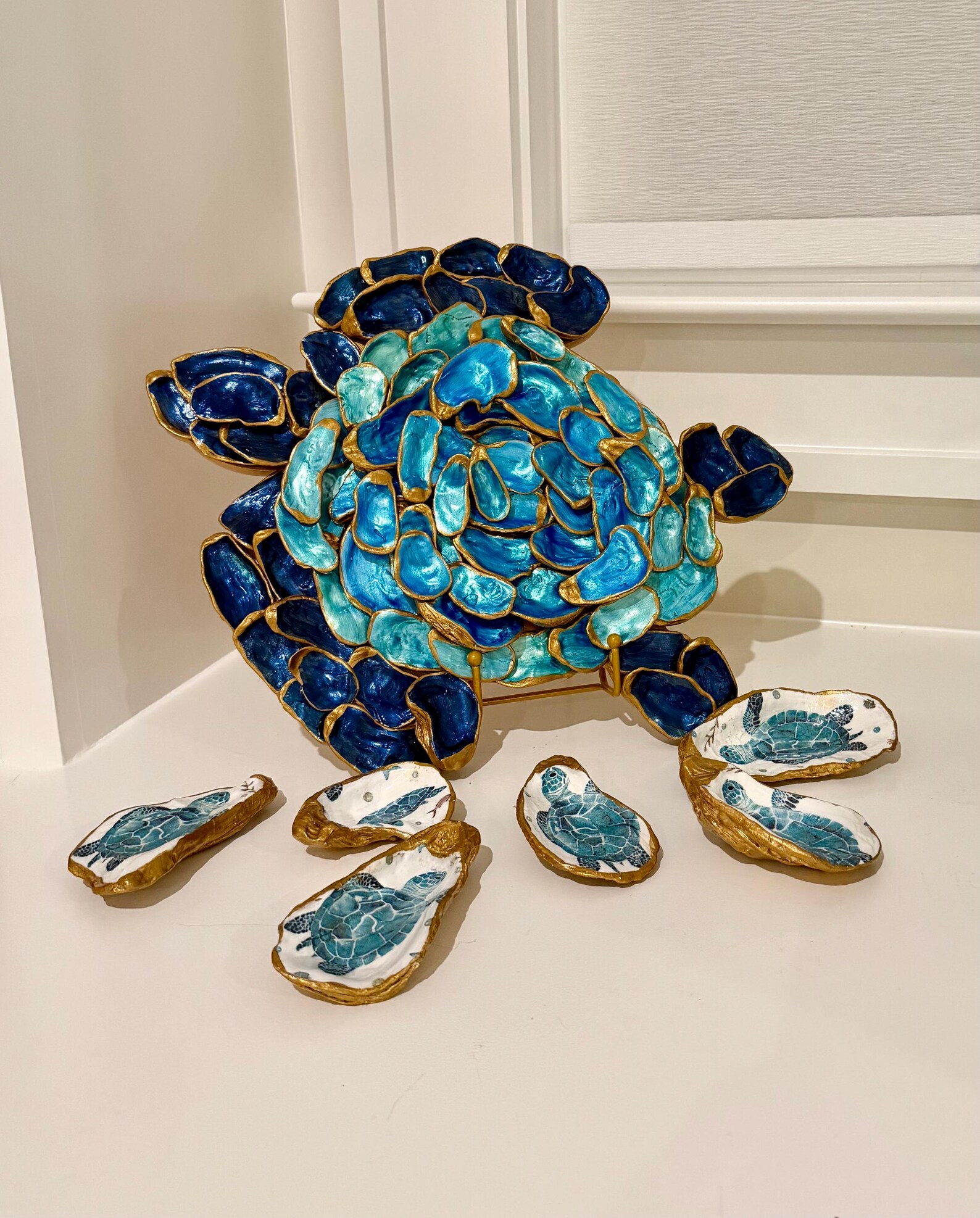 Oyster Shell Sea Turtle Sculpture, Blue Green Coastal Decor - Etsy