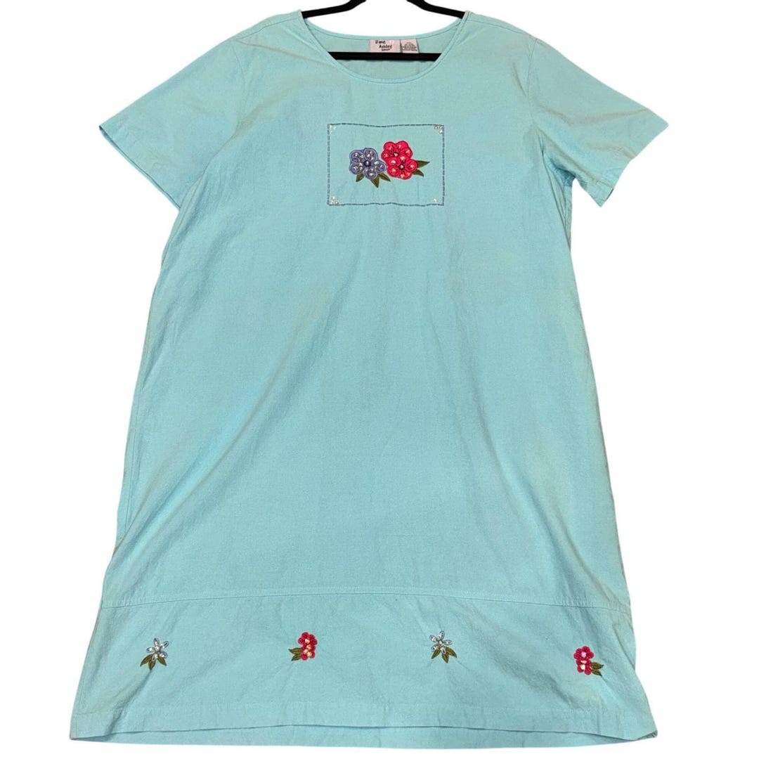 Vintage Jane Ashley Woman 2X Aqua Cotton Floral Embroidered Nightgown ...