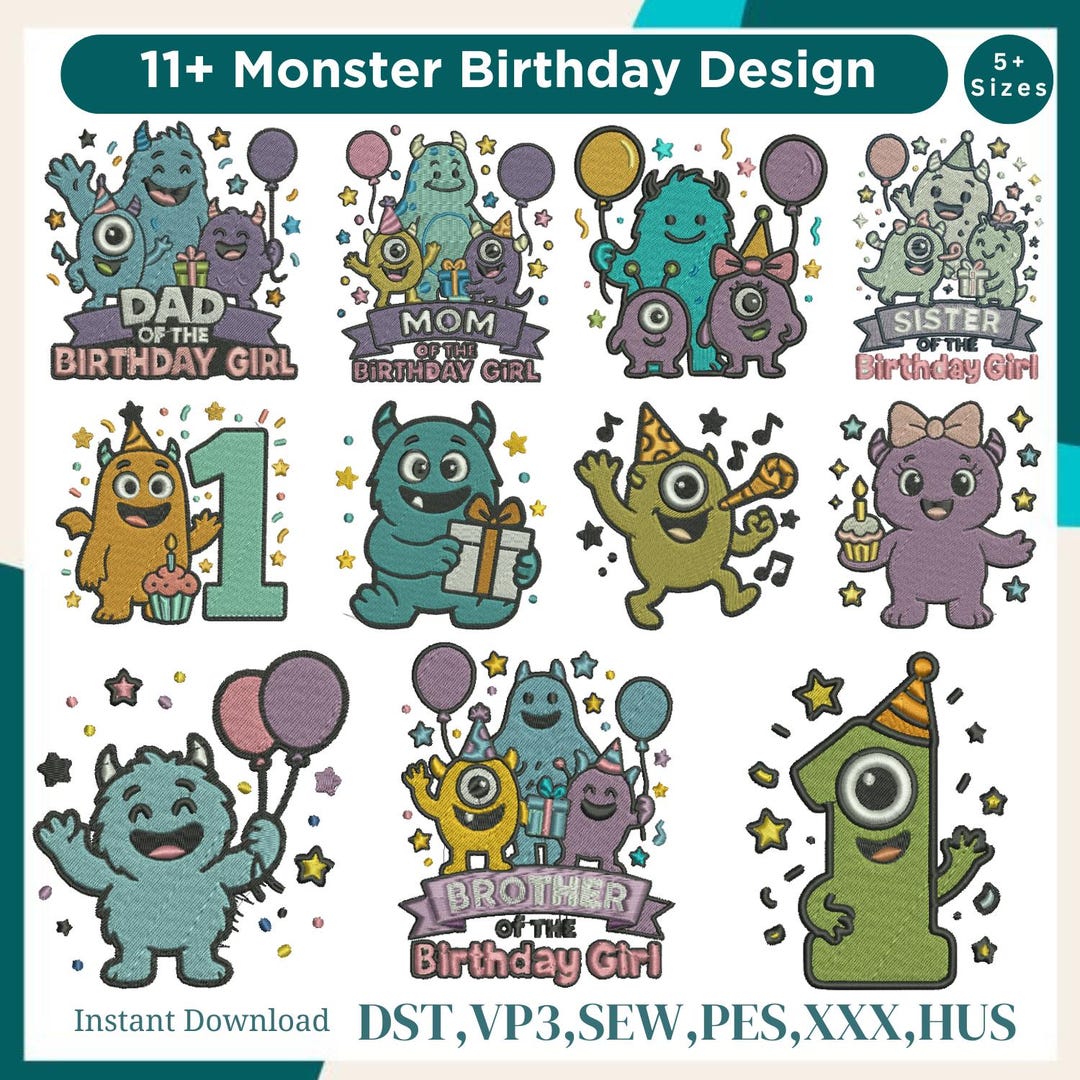 Birthday Monster Machine Embroidery Designs Cute Monster Birthday ...