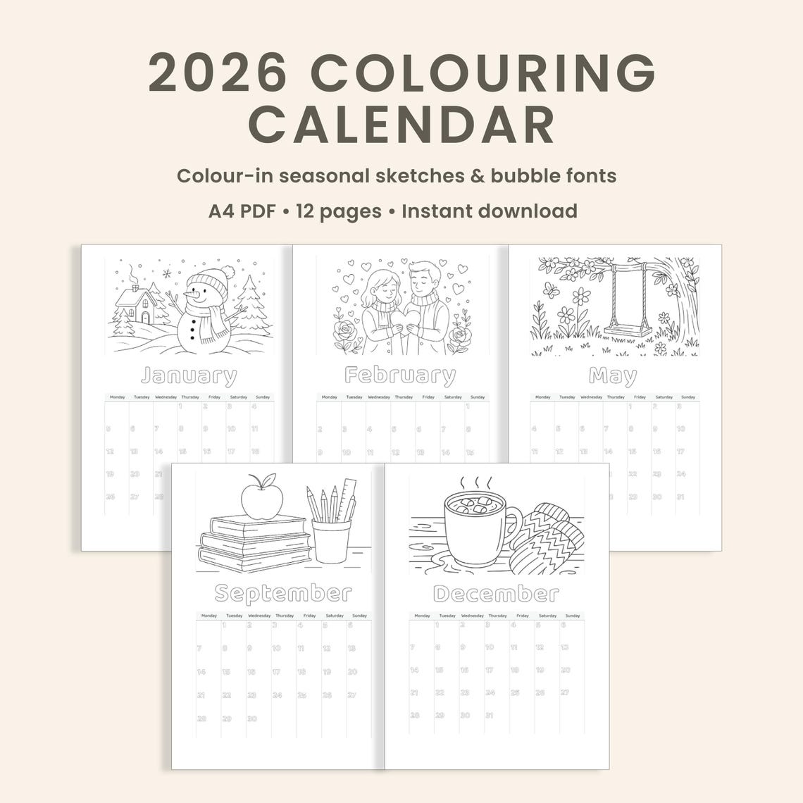 2026 Printable Colouring Calendar – 12-month Digital Download, 3:2 Art ...