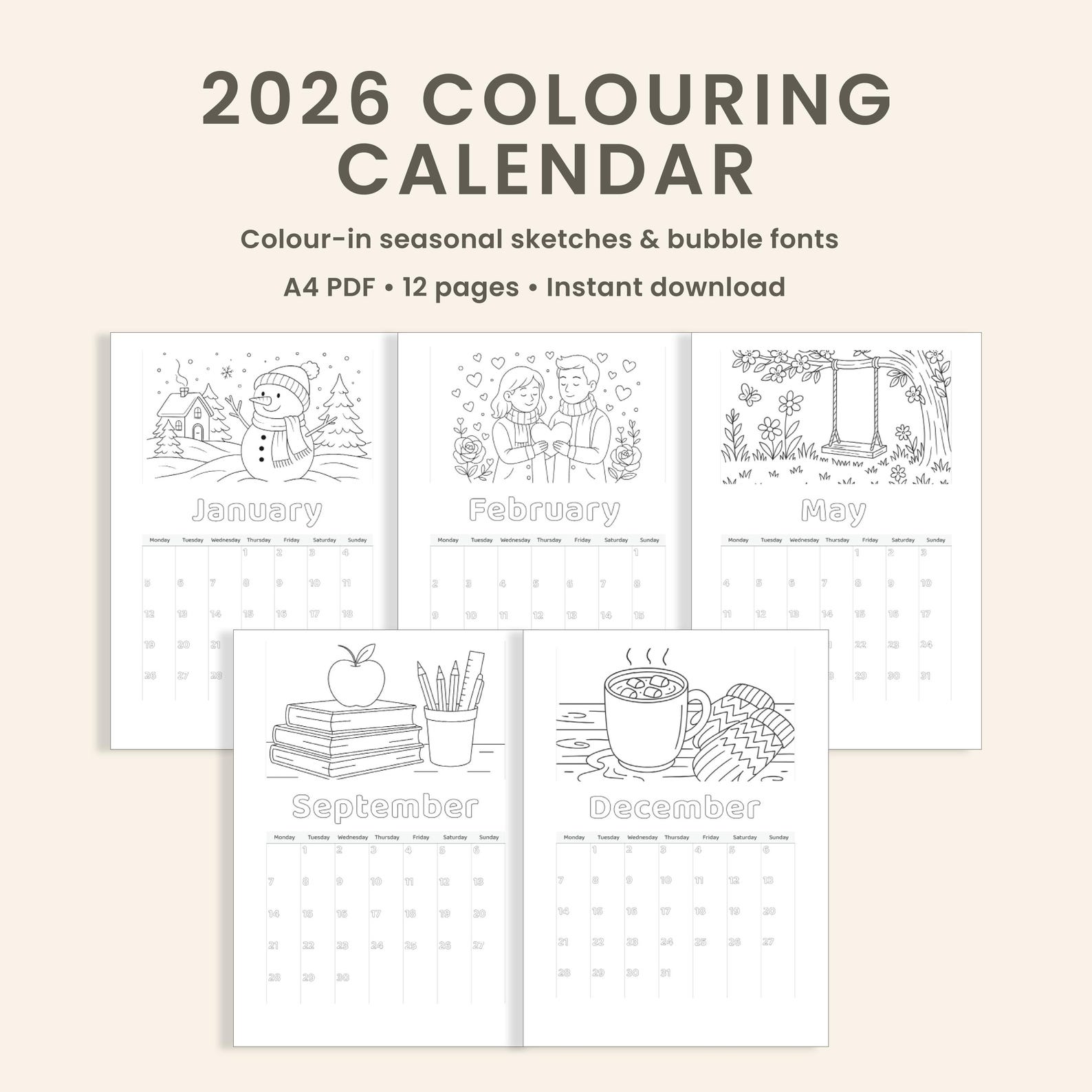 2026 Printable Colouring Calendar – 12-month Digital Download, 3:2 Art ...