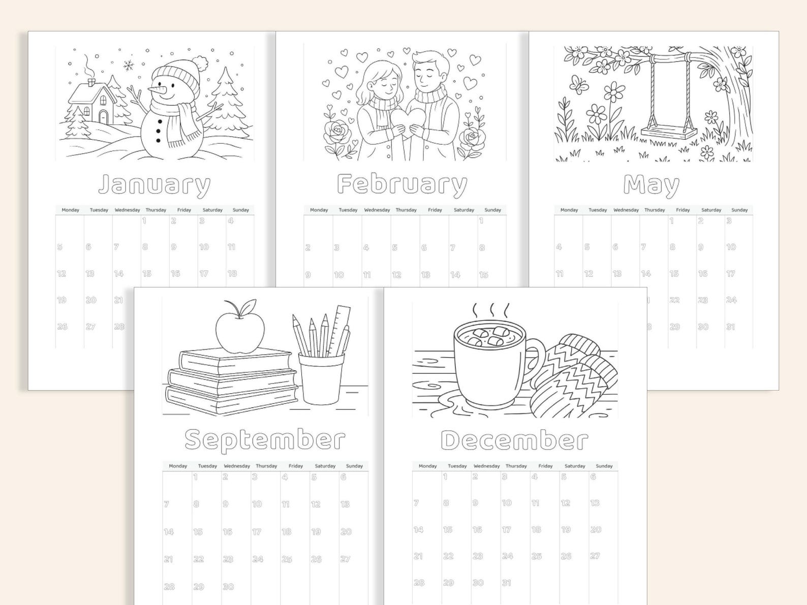 2026 Printable Colouring Calendar – 12-month Digital Download, 3:2 Art ...