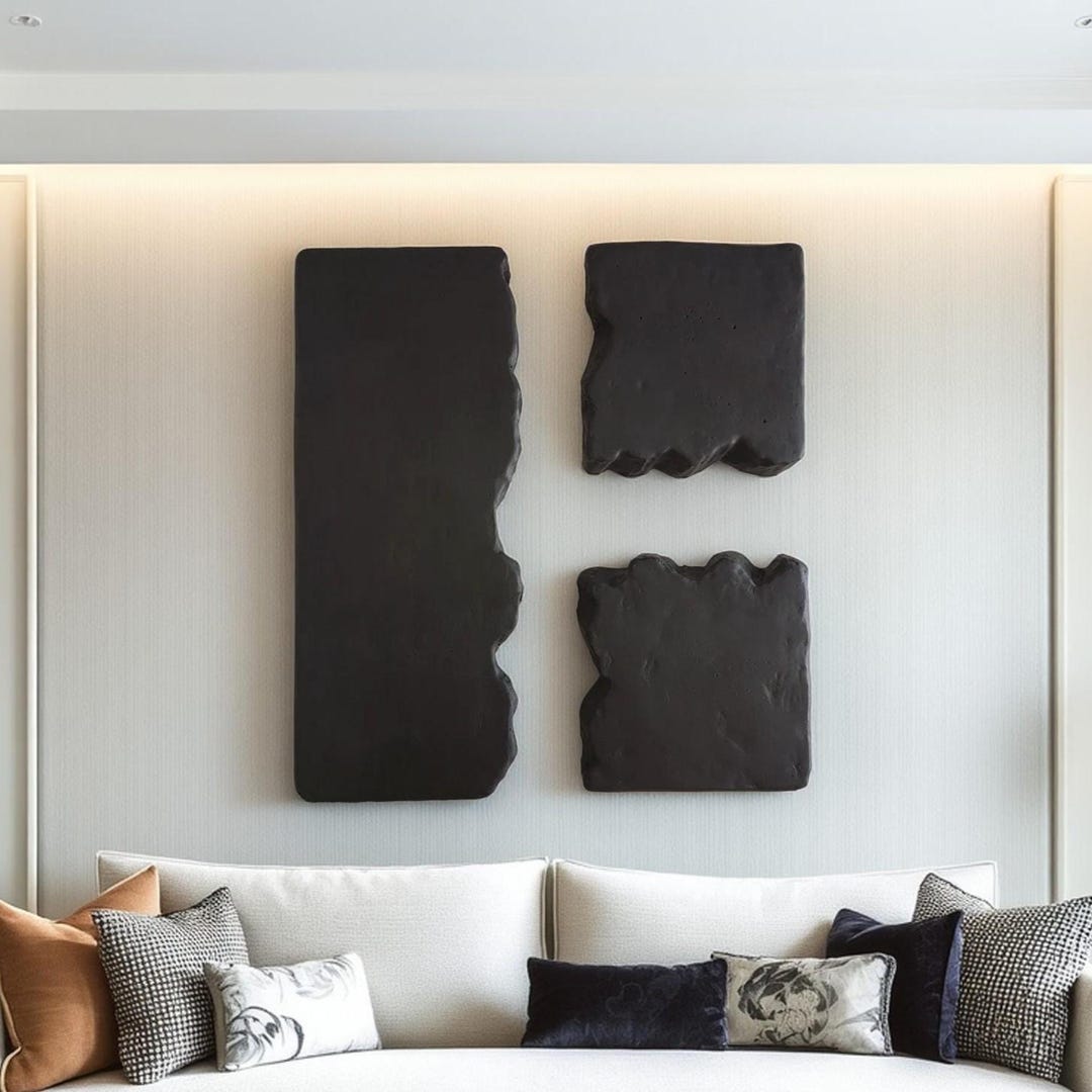 Square Stone Wall Sculpture Decor, Japandi Handmade Plaster 3 Piece Set ...