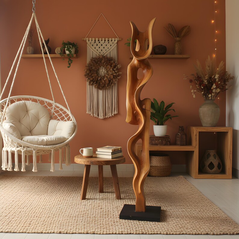 Large Handcrafted Wood Sculpture: Tall Abstract Wooden Statue, Japandi ...