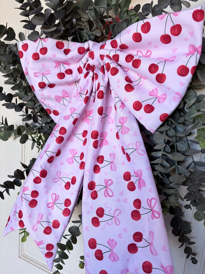 Fabric Front Door Bow - Valentines Day Bow - Red Cherry and Pink Bows ...