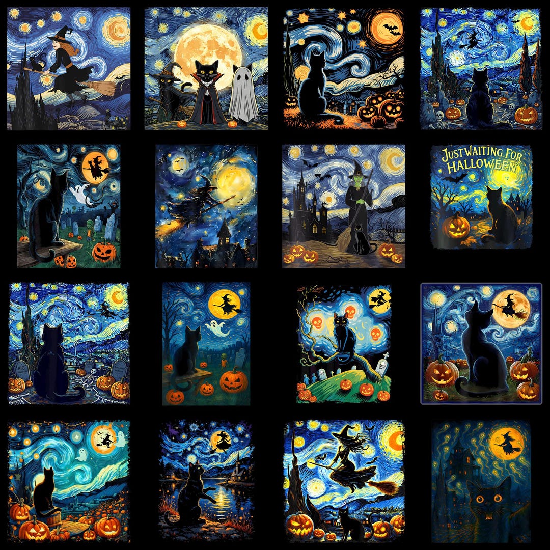 Van Gogh Cat Pumpkins PNG, Spooky Starry Night Halloween Clipart ...