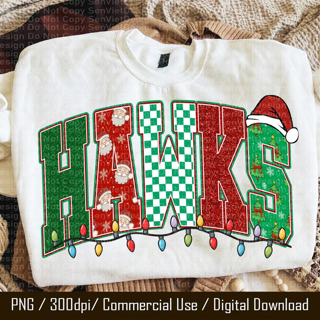 Hawks Christmas PNG, Red Green Glitter Checkered, Retro Santa Mascot ...
