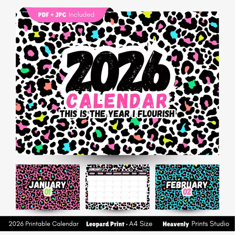 2026 Multicolor Leopard Print Calendar | A4 Printable Planner | Black ...