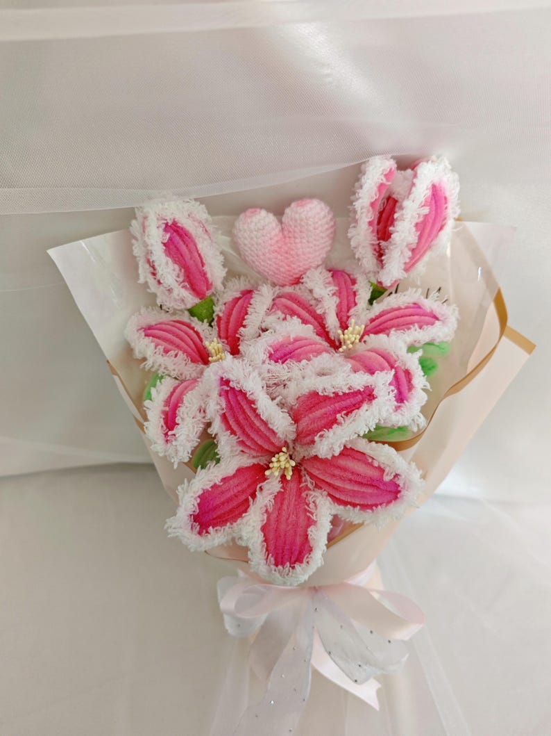 Pink Fringed Lily Floral Bouquet With Plush Love Heart /handmade From ...