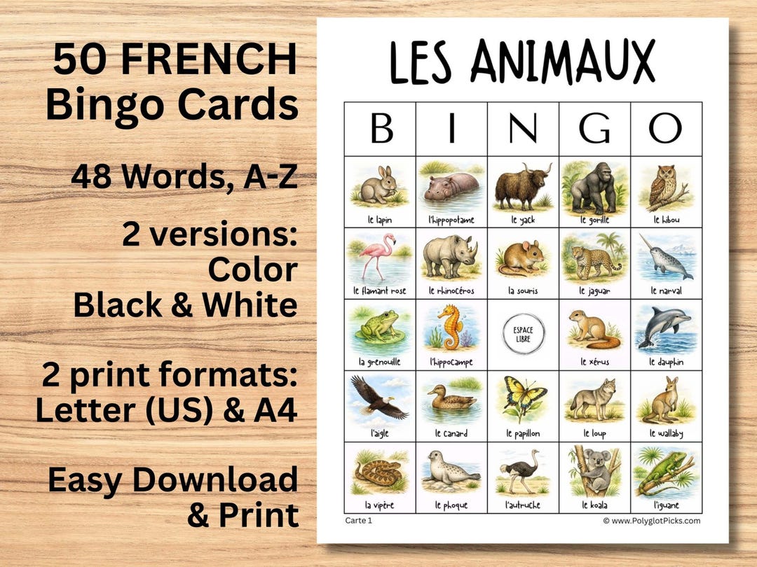 French Animal Bingo Game • 50 Illustrated Cards (digital Download) - Etsy