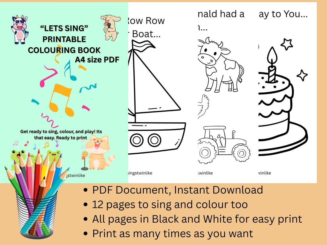 Let's Sing Printable Colouring Pages, Instant Download, PDF Book - Etsy
