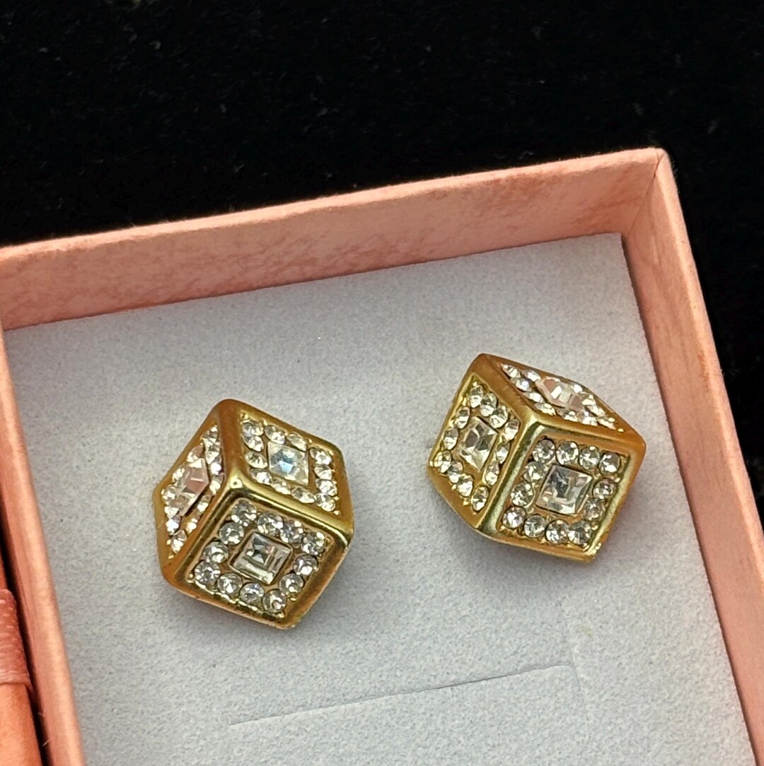 Gold Tone Cube Earrings, Rhinestone Crystal Studs, Geometric Statement ...