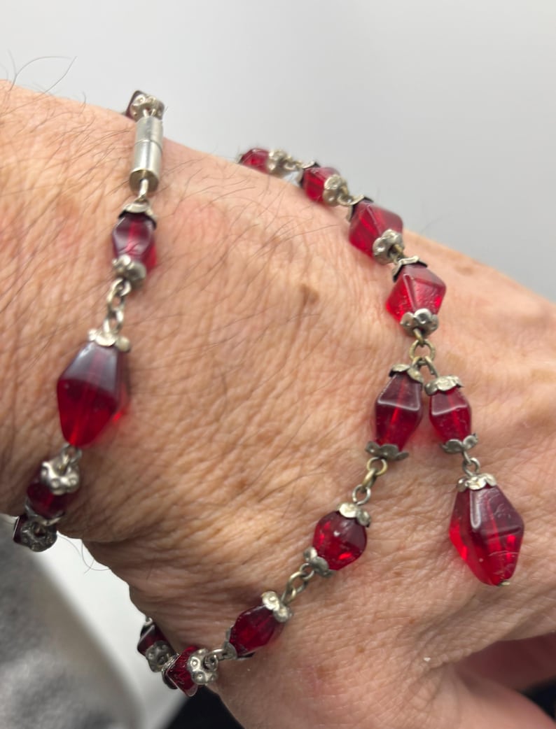 Red Czech Crystal Necklace, Vintage Faceted Beads, Silver Tone Caps ...