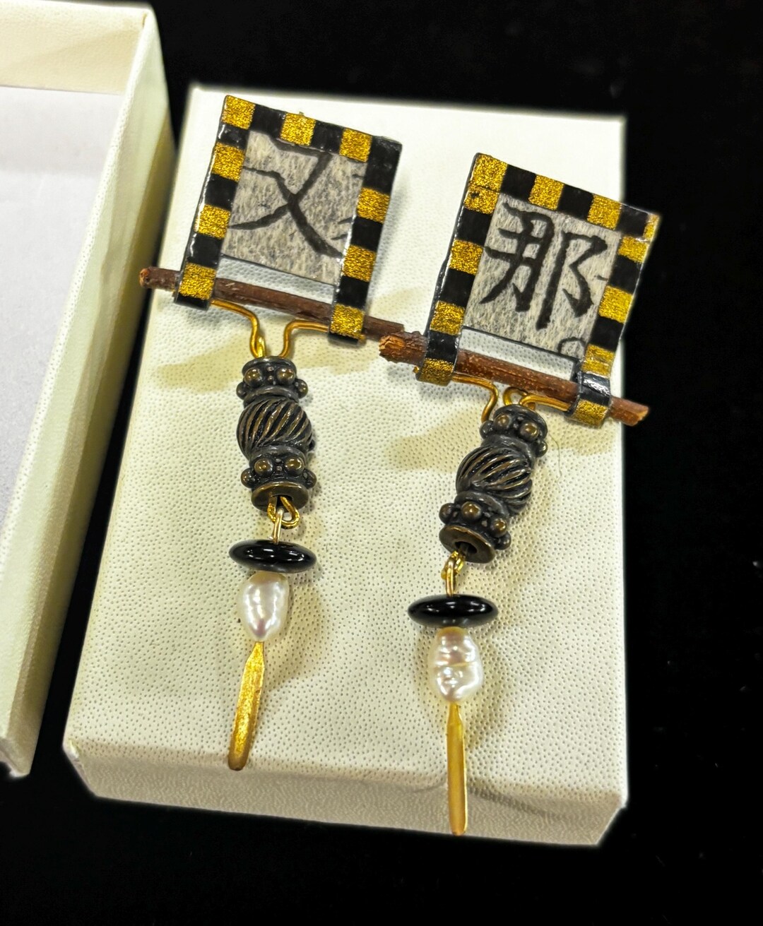 Mixed Media Dangle Earrings, Calligraphy Panel, Freshwater Pearl Drop ...