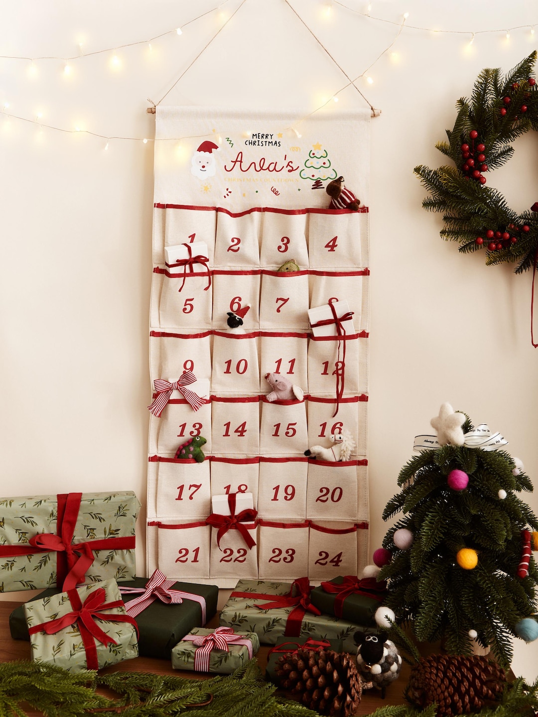 Personalized Linen Christmas Advent Calendar Wall Hanging, Embroidered ...