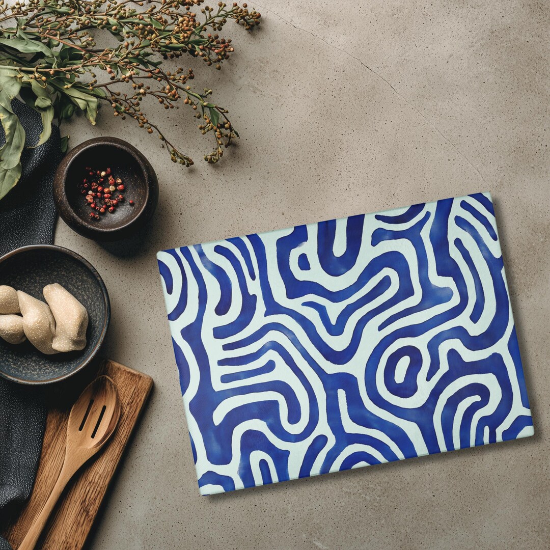 Abstract Blue Maze Glass Cutting Board, Modern Artistic Kitchen Decor ...